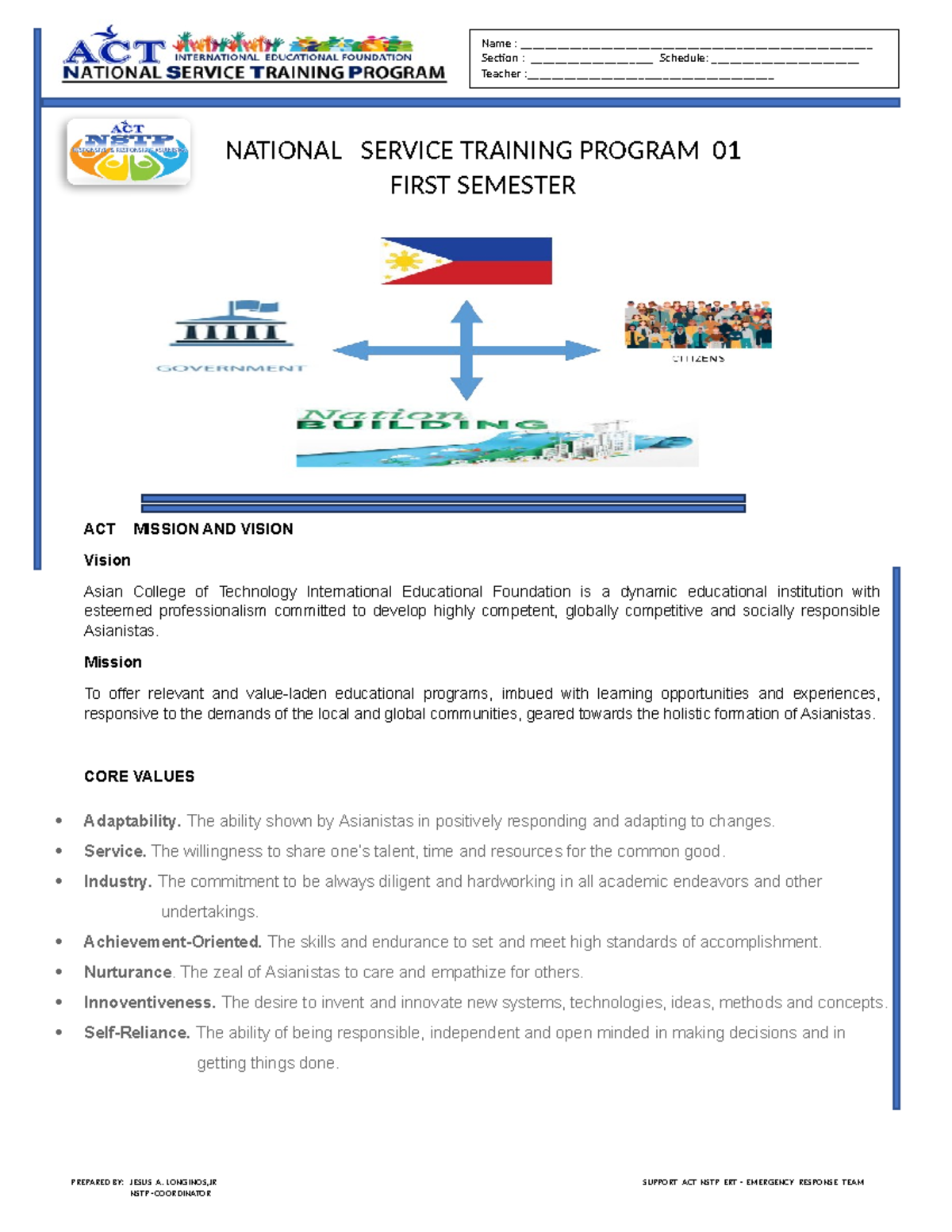 NSTP 1 Prelim Handout NEW 2023 - NATIONAL SERVICE TRAINING PROGRAM 01 ...