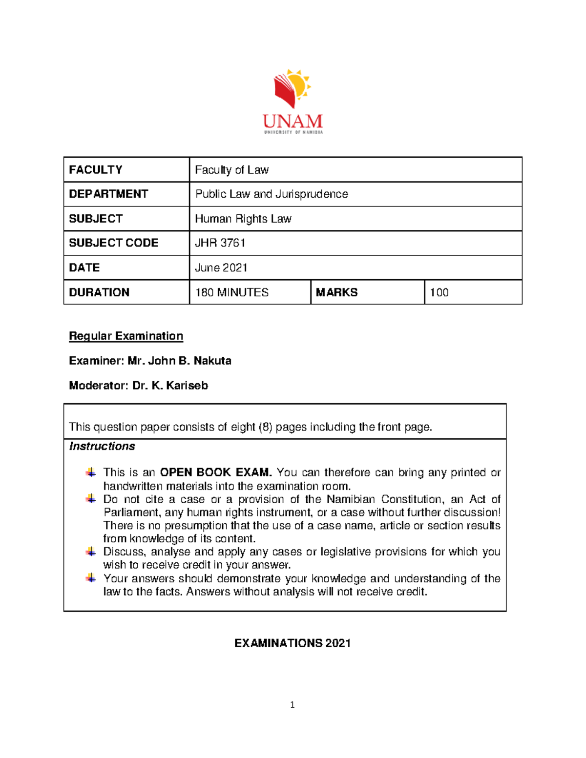 Human Rights Regular - Practice paper - Regular Examination Examiner ...