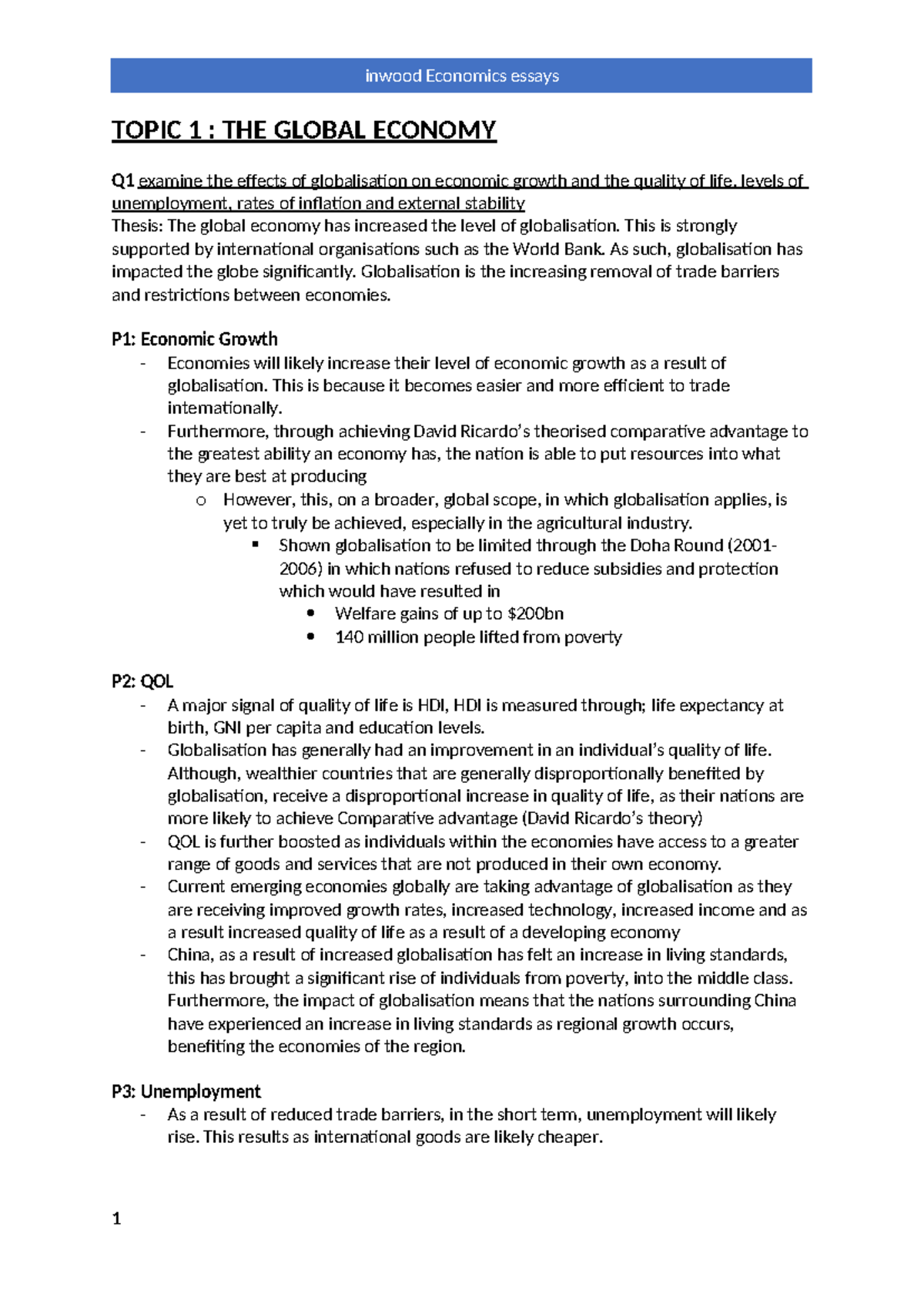 ECO Essays - TOPIC 1 : THE GLOBAL ECONOMY Q1 examine the effects of ...