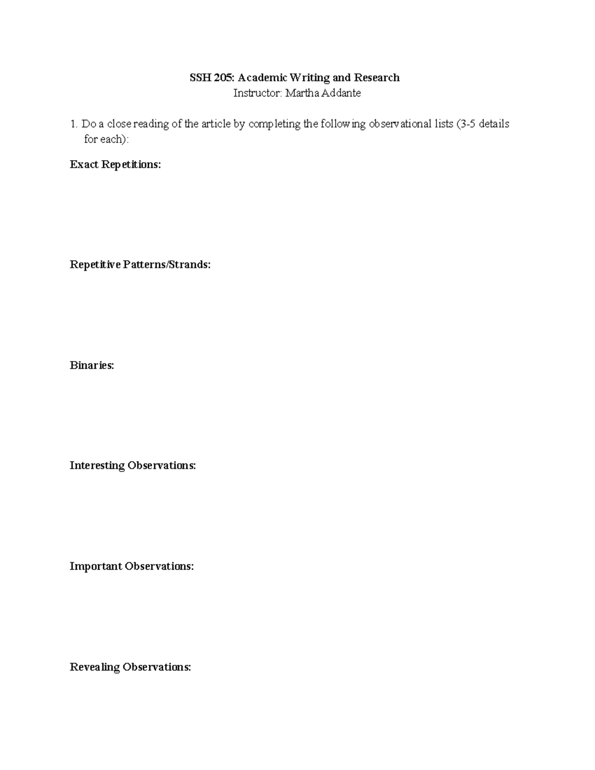 Observational Lists Handout - SSH 205: Academic Writing and Research ...