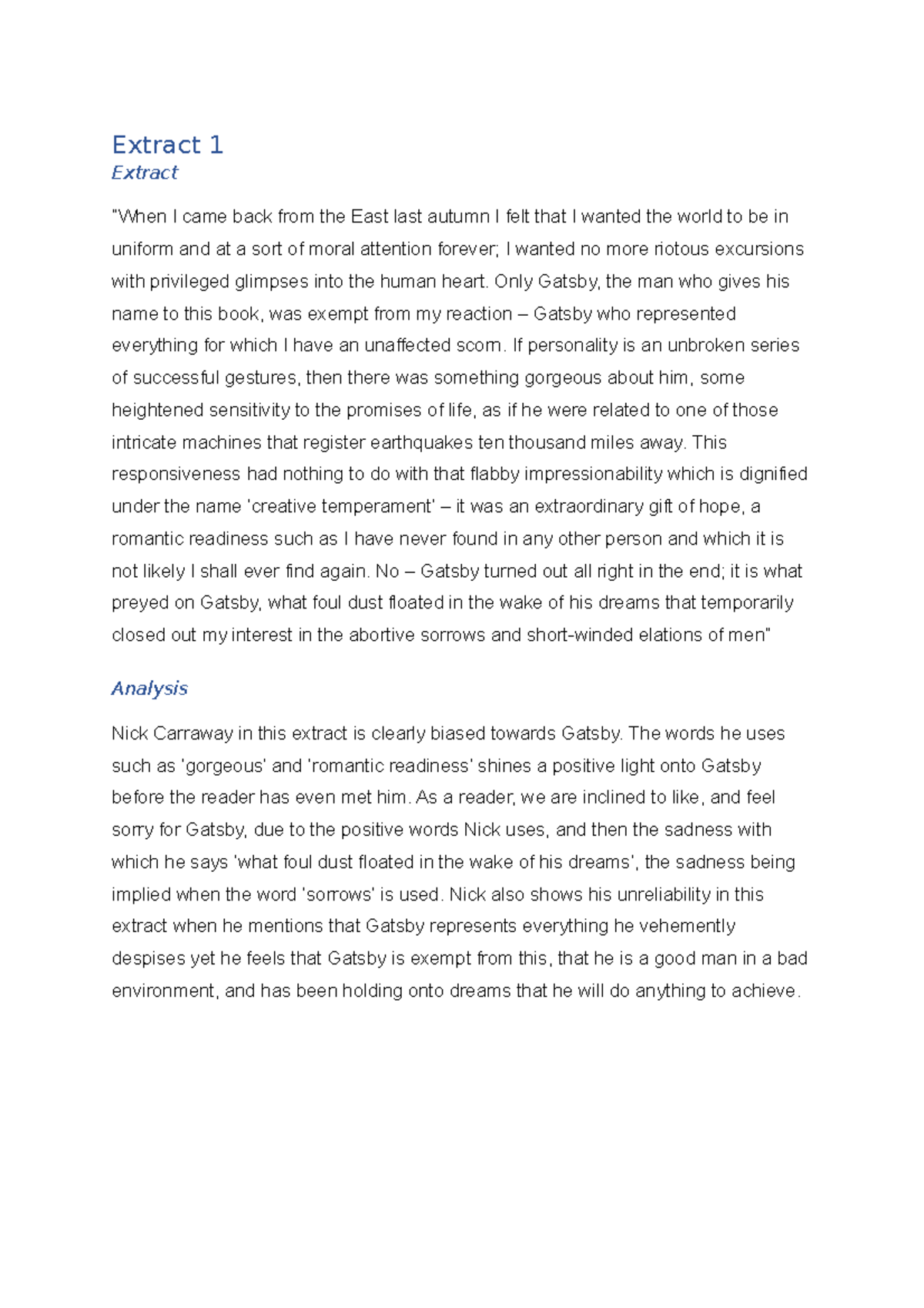 Great Gatsby Reading Extracts - Extract 1 Extract “When I came back ...