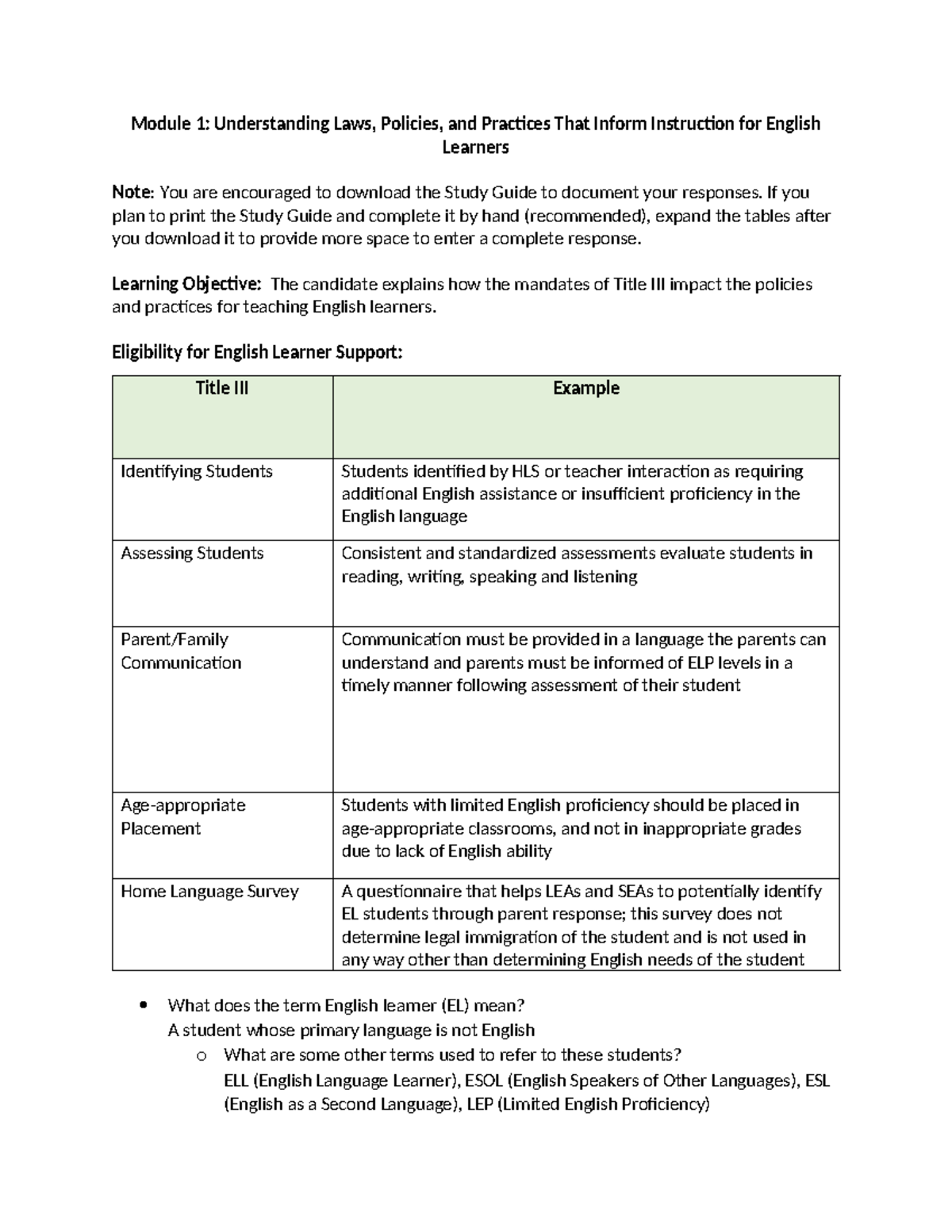 D169 Module Study Guide 1 - Laws, Policies and Practices That Inform ...