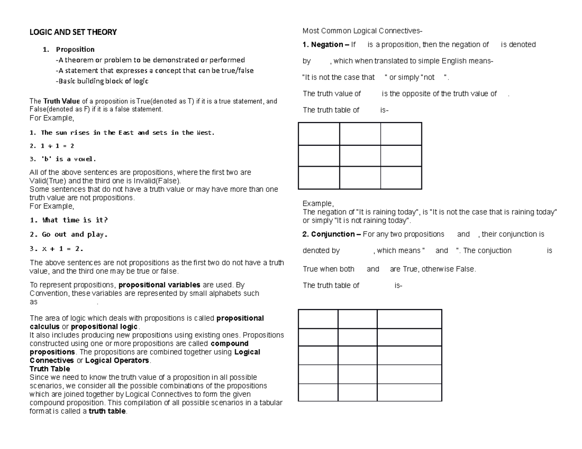 Logic AND SET Theory Proposition LOGIC AND SET THEORY 1 Proposition