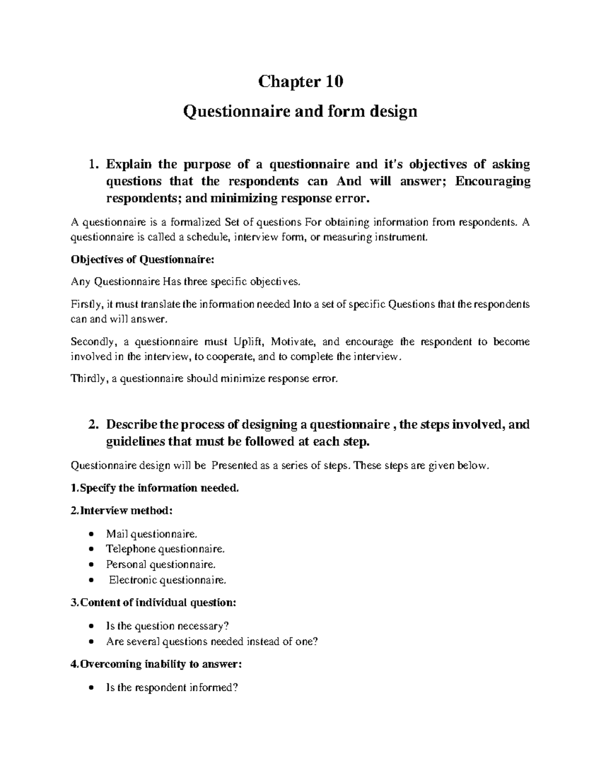 Chapter 10- Questionnaire and form design - Explain the purpose of a ...