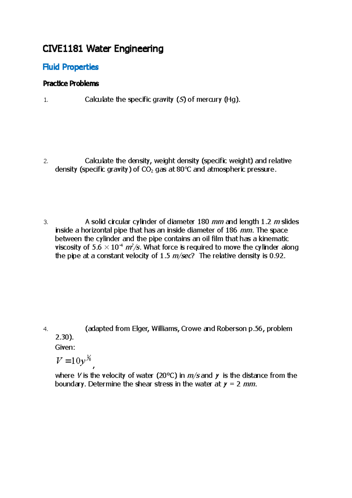 Practice Problems Week 1 Fluid Properties - CIVE1181 Water Engineering ...