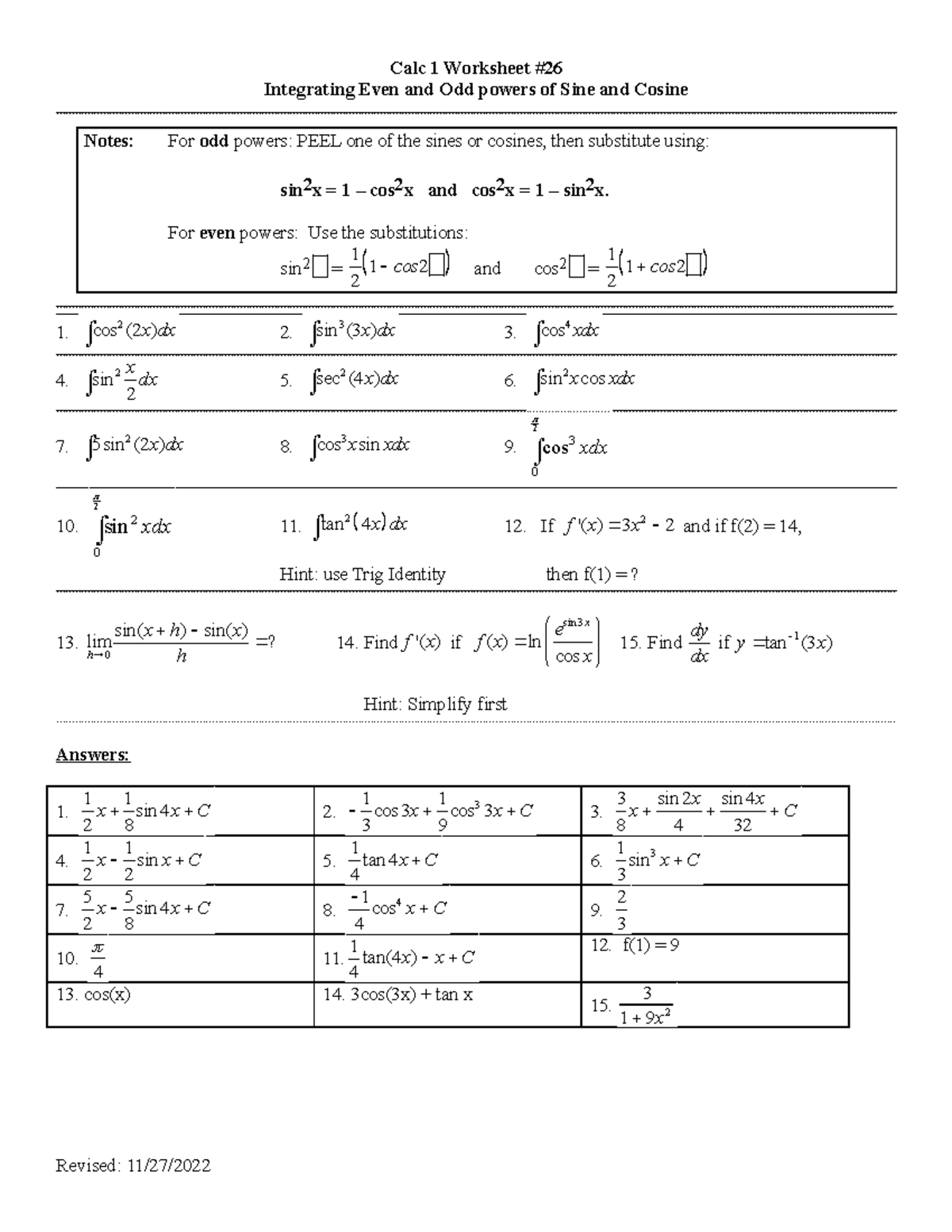 AB ws 026 Integrate even odd sine - Calc 1 Worksheet # Integrating Even ...