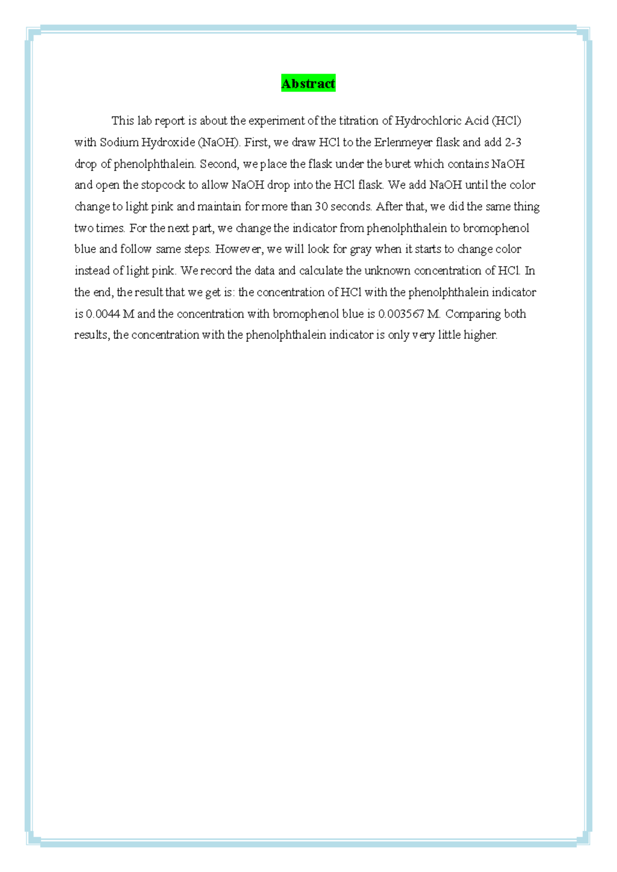 Titration-lab-report - Abstract This lab report is about the experiment ...