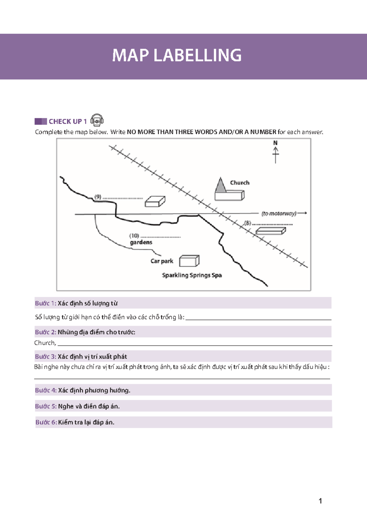 Listening - Map Labelling - CHECK UP 1 Complete the map below. Write NO MORE THAN THREE WORDS ...