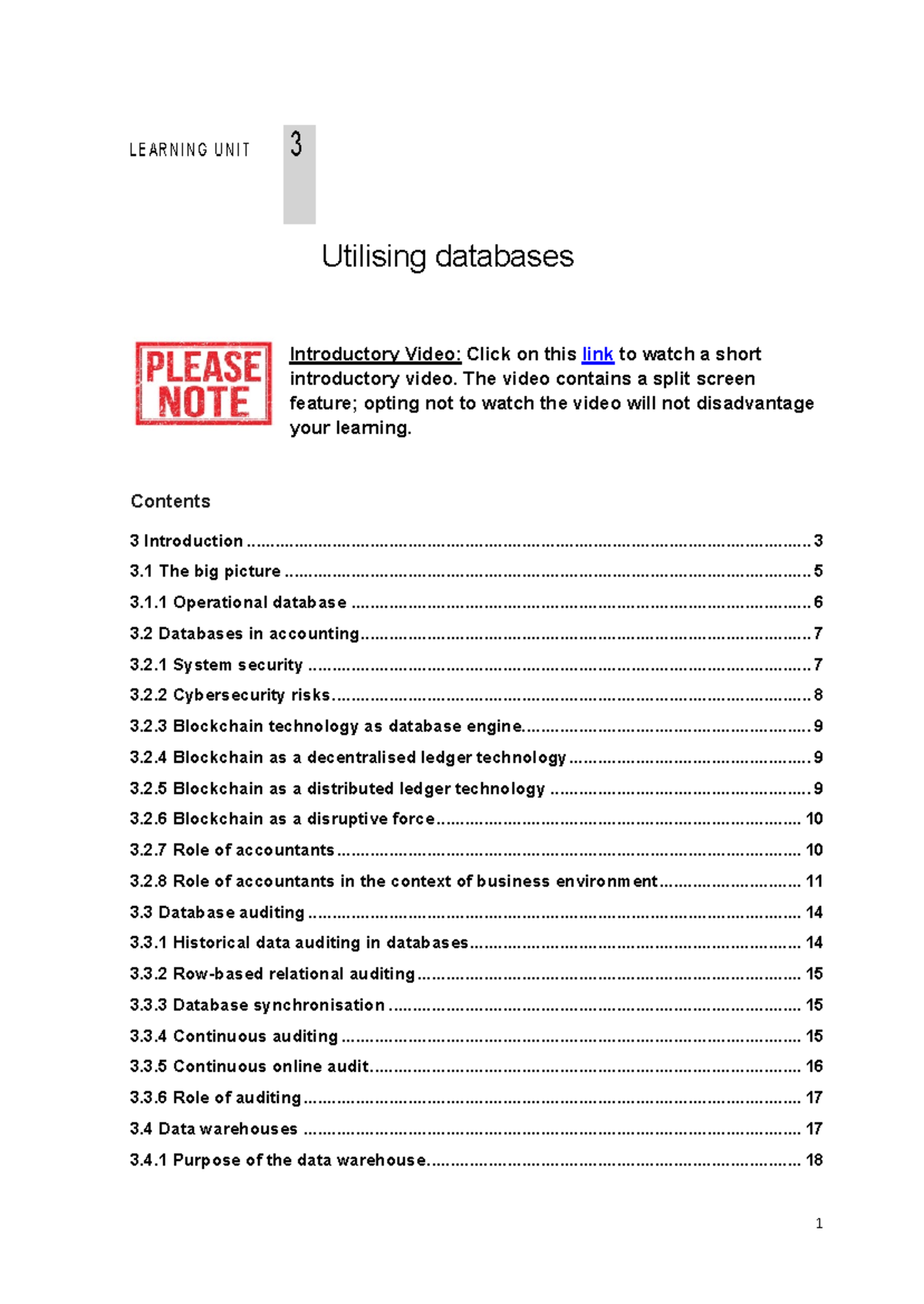 Learning Unit 3 - Utilising databases - Left Aligned - Utilising databases Introductory Video ...