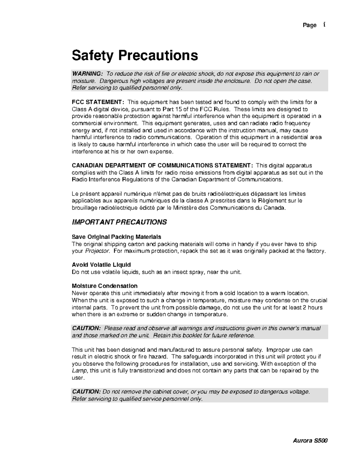 Projector manual 1 - comprehensively - Page i Safety Precautions WARNING: To reduce the risk of ...