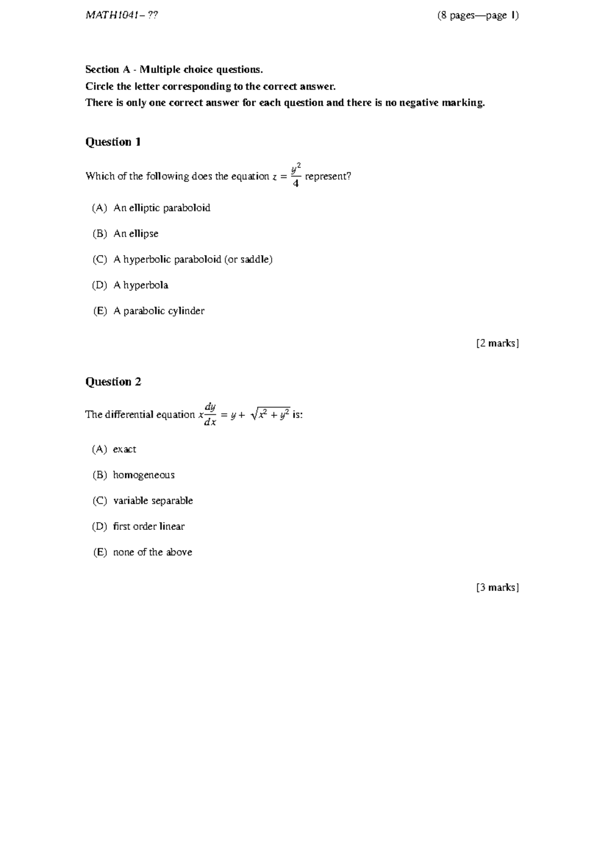 Aux2018 November-Calculus - MATH1041– ?? (8 pages—page 1) Section A ...