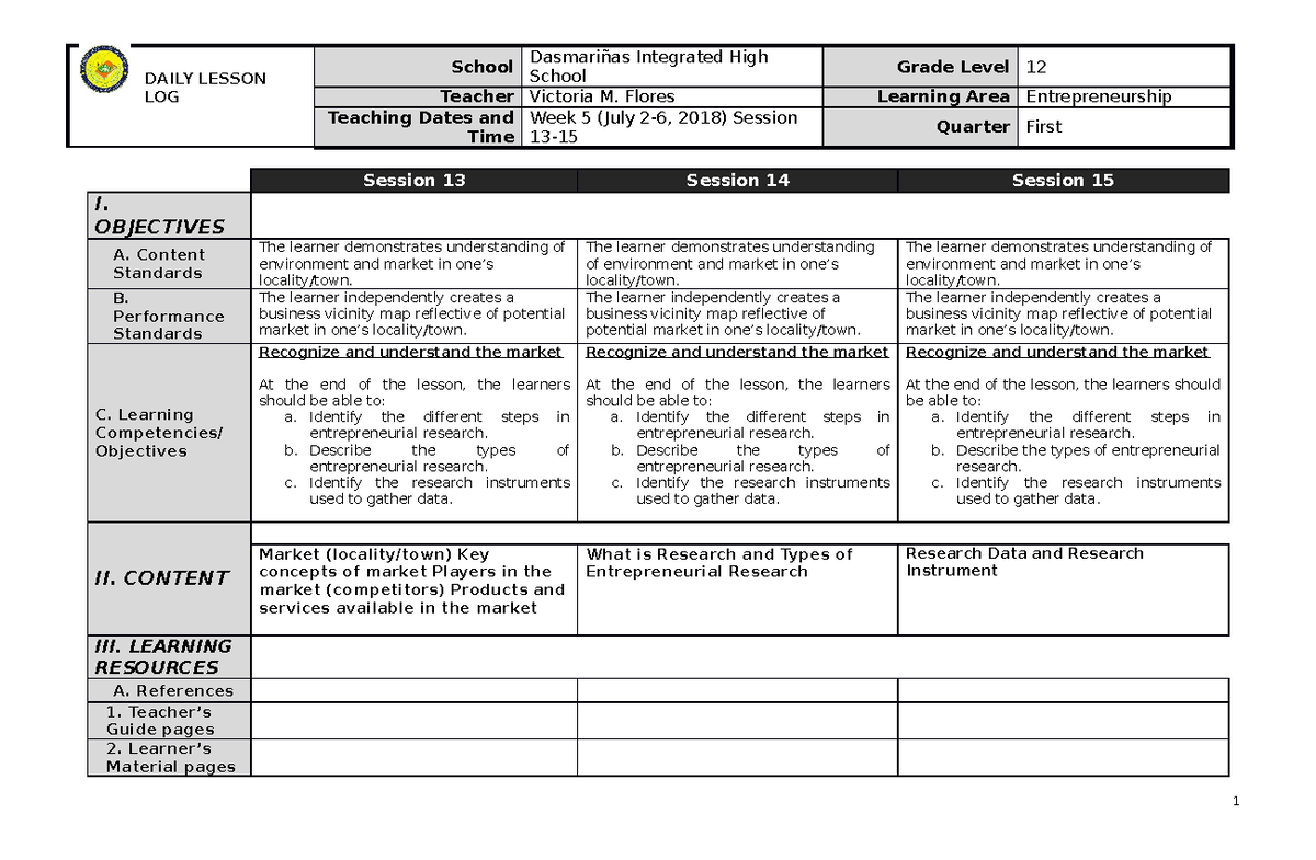 DLL Entrep WEEK - DLL G12 - DAILY LESSON LOG School Dasmariñas ...