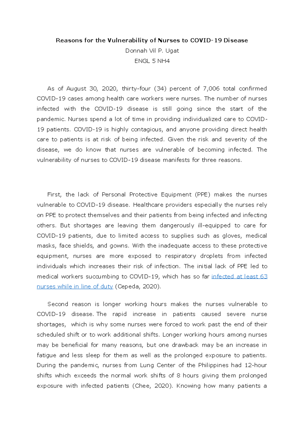 Sample-Essay - 2 Reasons for the Vulnerability of Nurses to COVID-19 ...