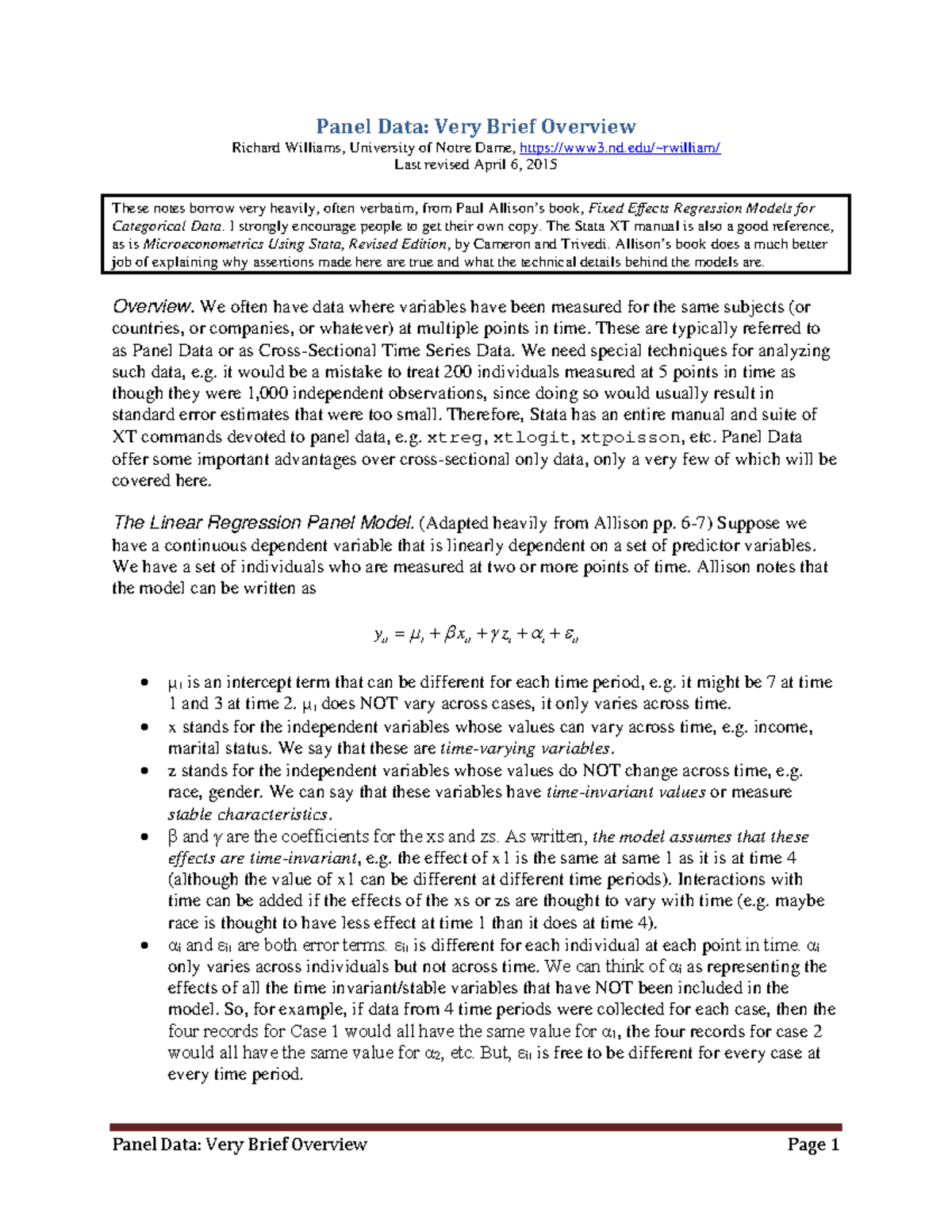 Panel regreesion using stata for panel data - Panel Data: Very Brief ...