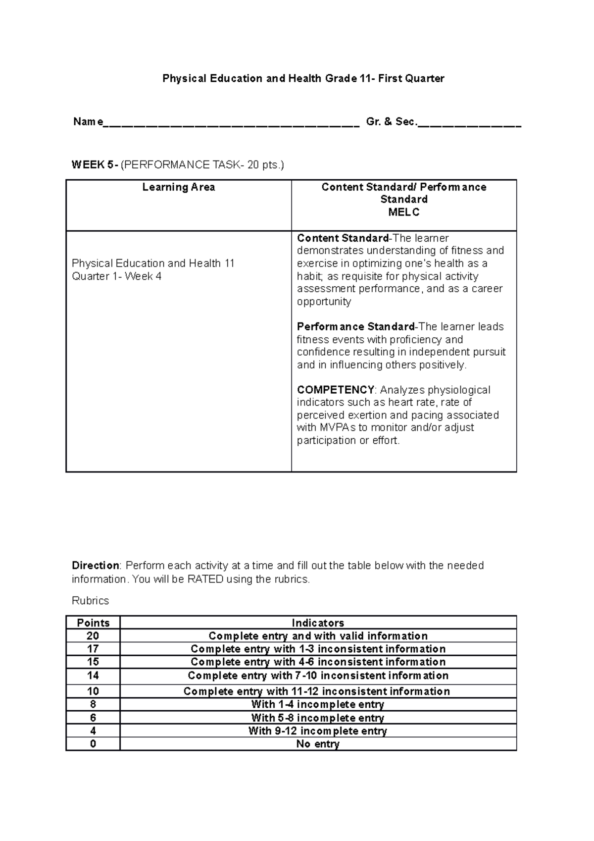 hope 1 week 5 pt - Physical Education and Health Grade 11- First ...