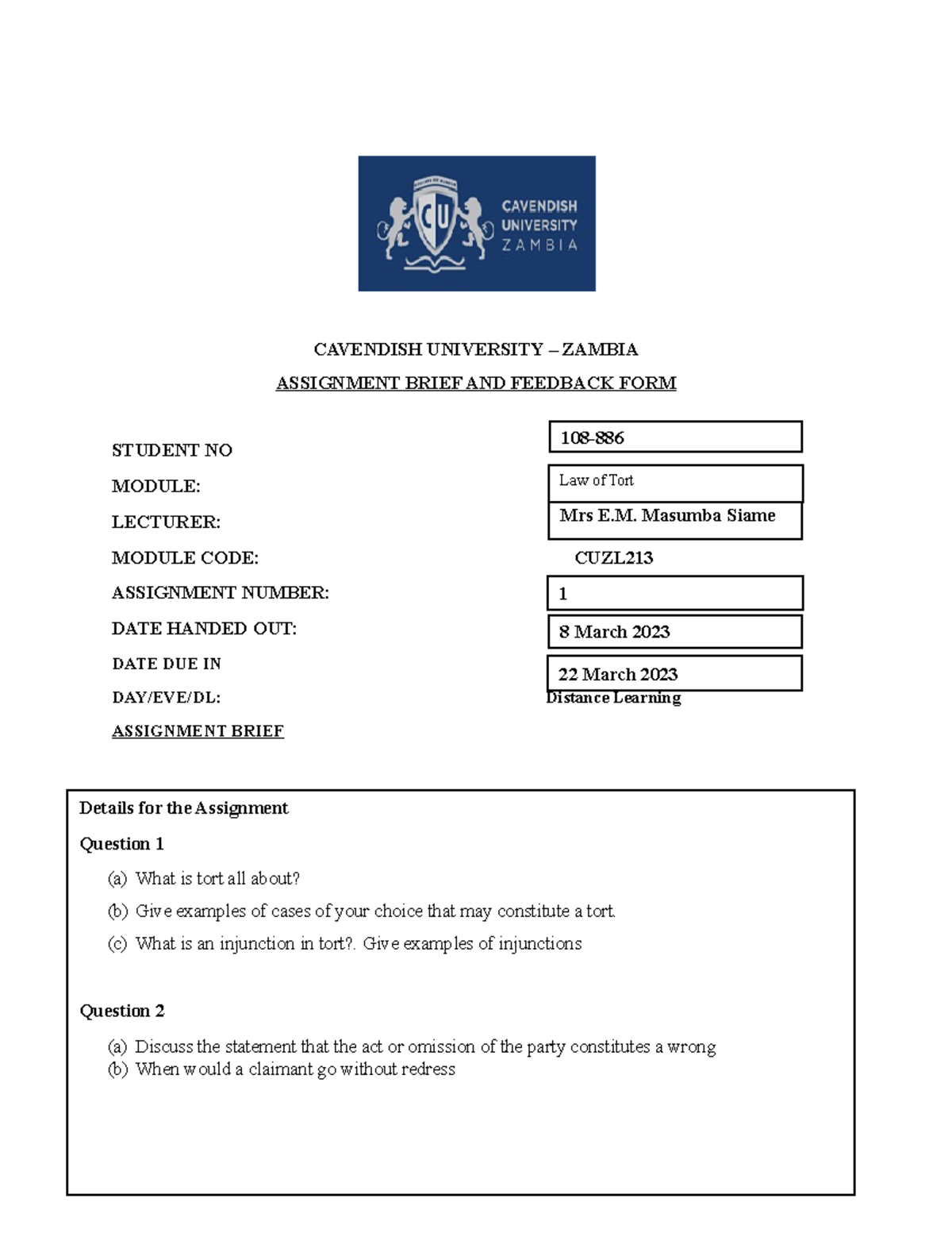 Assignment 1 - General principles of tort law - Studocu