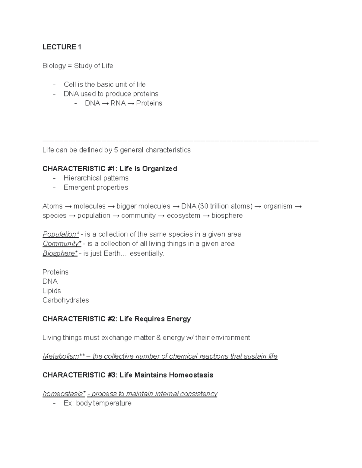 Biology Lecture Notes - Teacher: K. Byrd - LECTURE 1 Biology = Study of ...