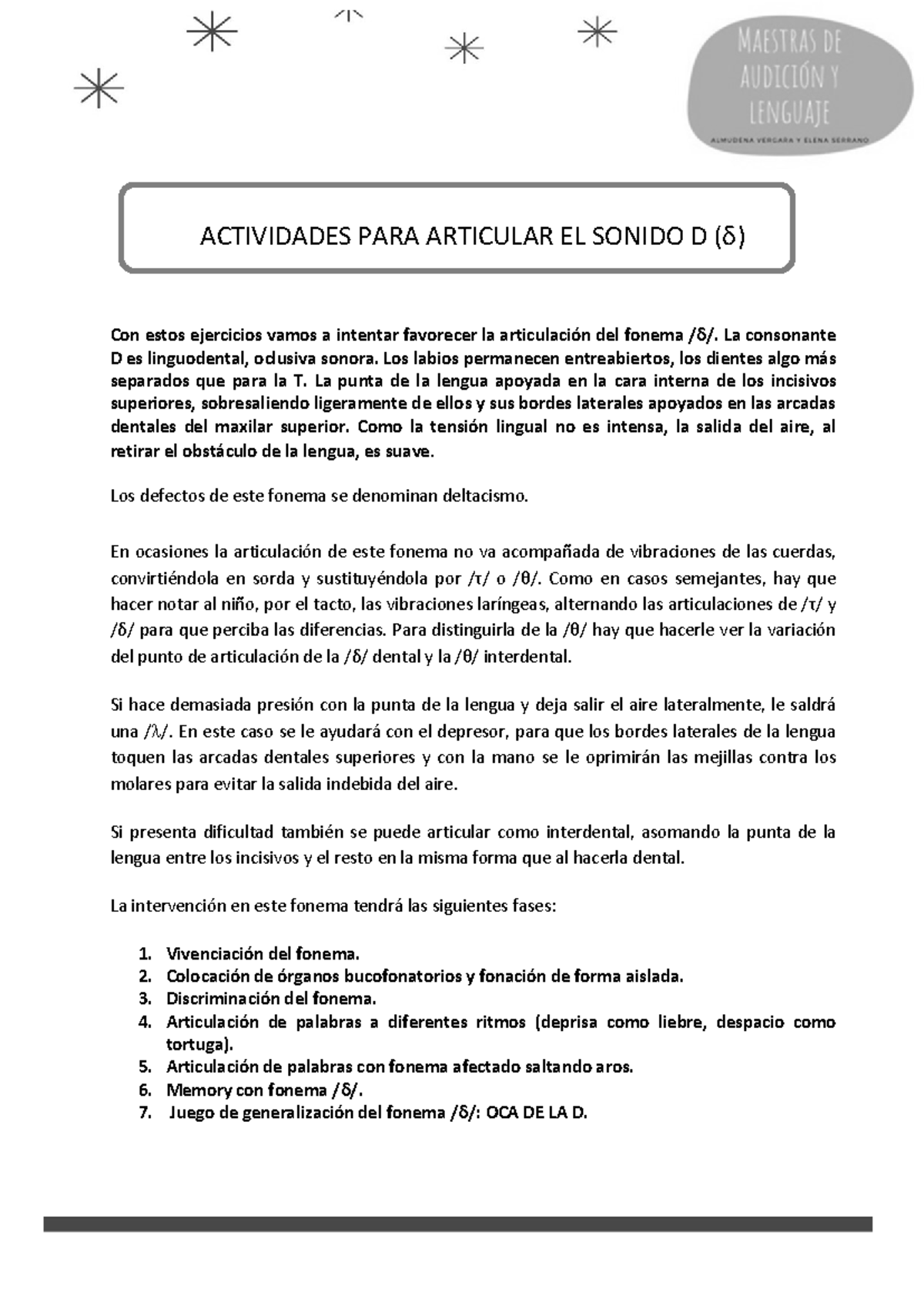 Fonema D Actividades para articulacion - ACTIVIDADES PARA ARTICULAR EL ...