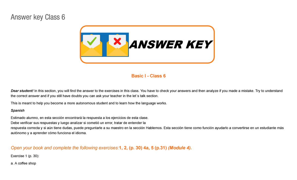 Answer key Class 6 Inglés - Básico I-B - Answer key Class 6 Basic I ...