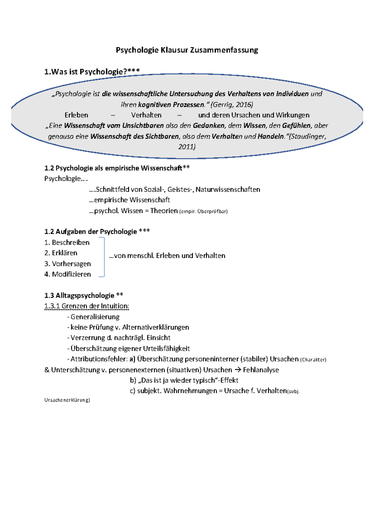 Psychologie Klausur Zusammenfassung - Psychologie Klausur Zusammenfassung 1 ist Psychologie ...