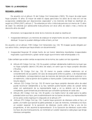 Tema 13 - Guía de derecho civil - Tema 13 La Minoridad LA MINORIDAD ...