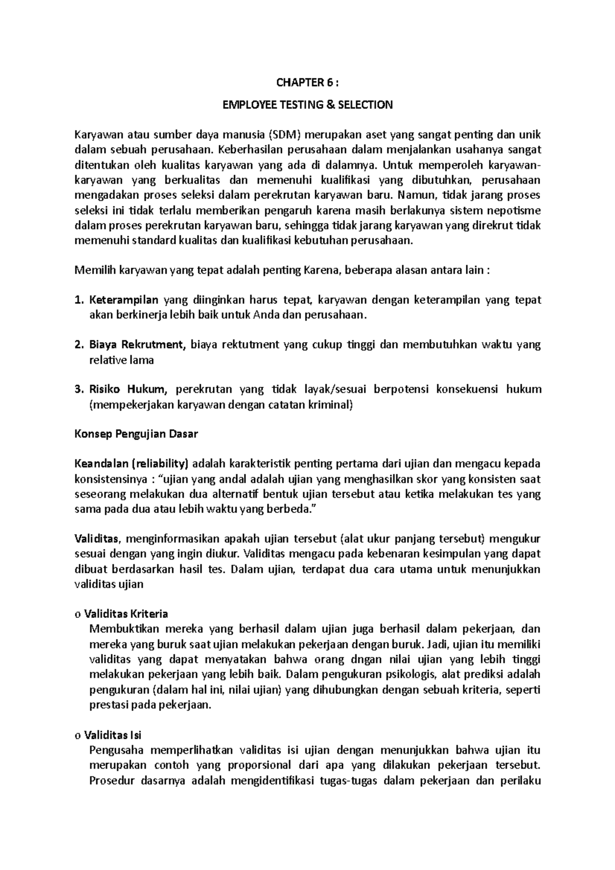 Chapter 6 Employee Testing and Selection - CHAPTER 6 : EMPLOYEE TESTING ...