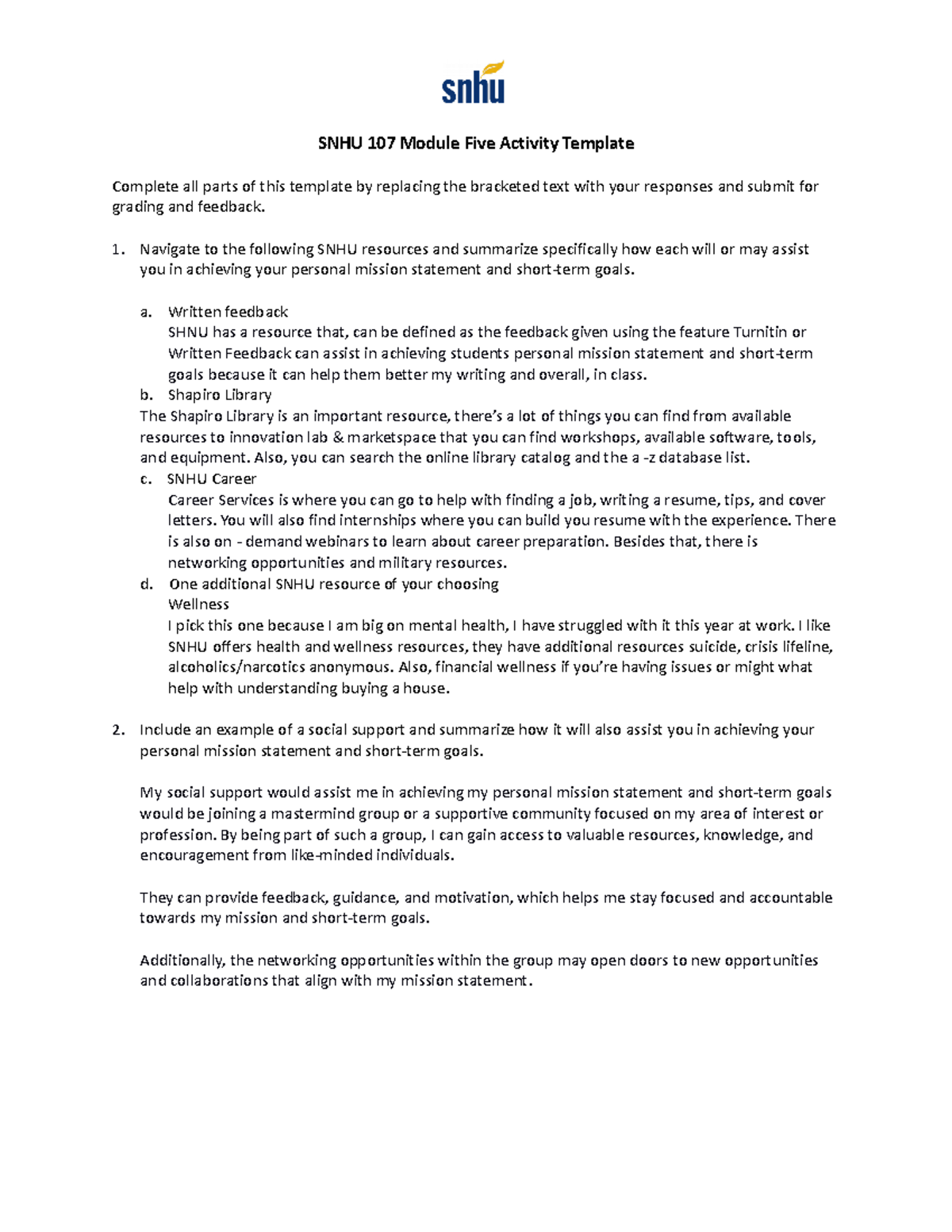 SNHU 107 Module Five Activity David - Navigate to the following SNHU ...