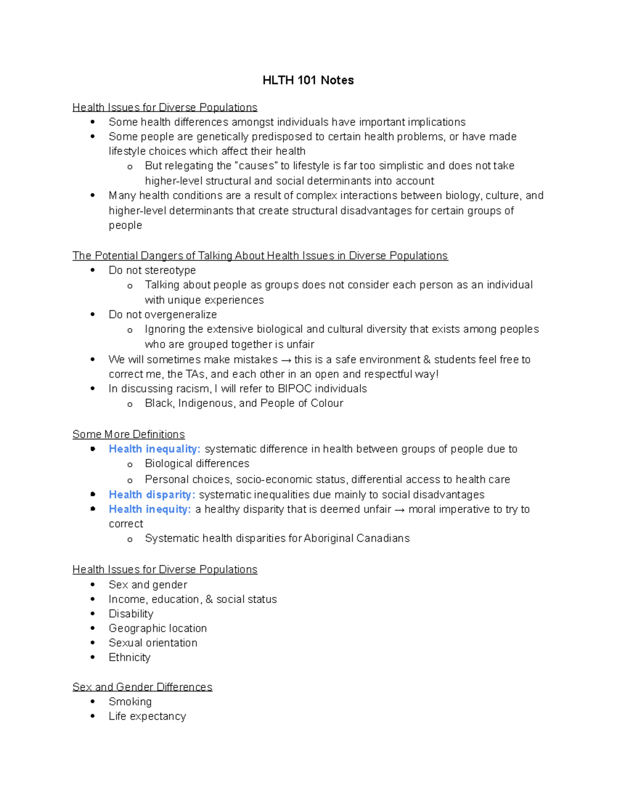 Week 2 Notes - HLTH 101 Notes Health Issues for Diverse Populations ...