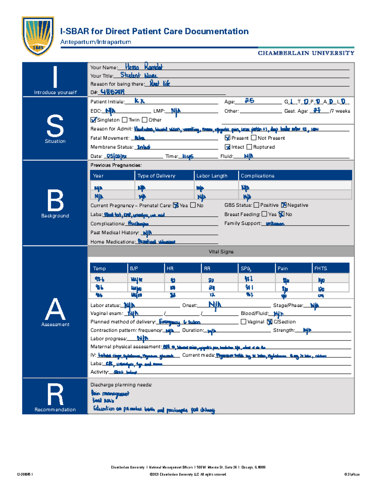 Isbar-preeclampsia - ISBAR - 12-200085 ©2021 Chamberlain University LLC ...