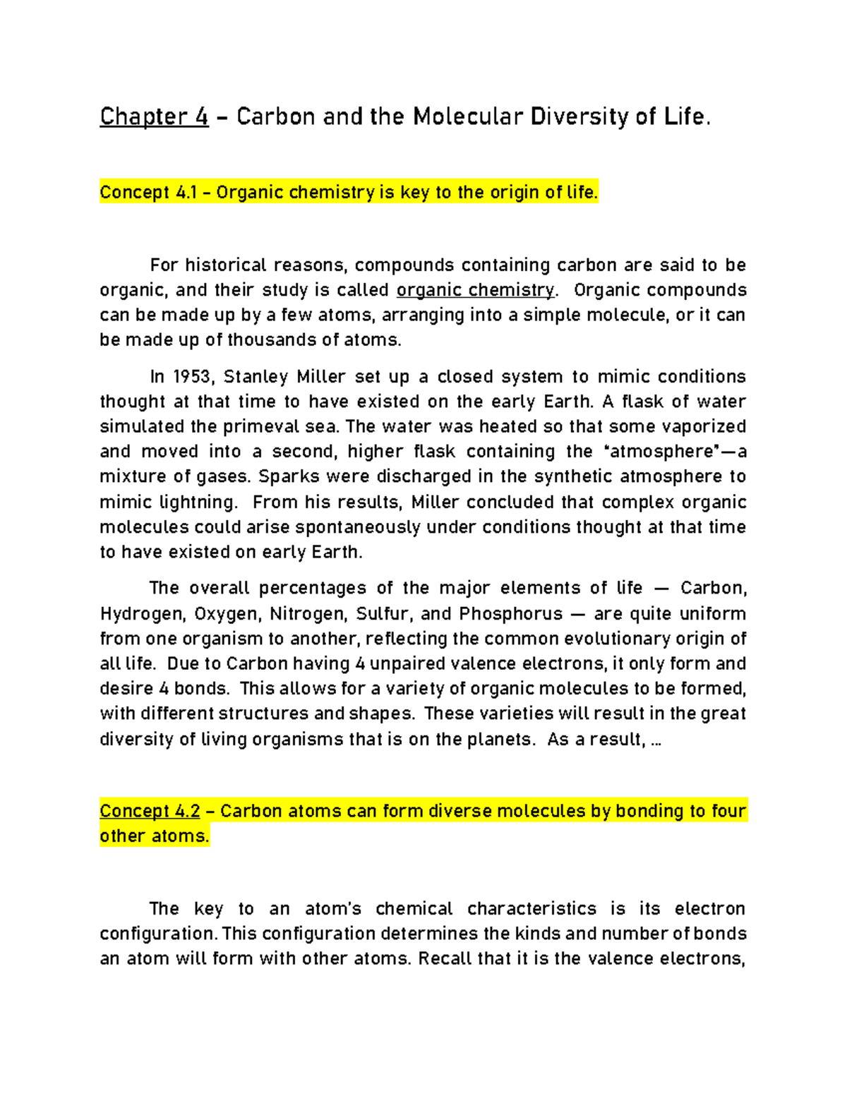 BIOL 100 - Chapter 4 notes - Chapter 4 3 Carbon and the Molecular ...
