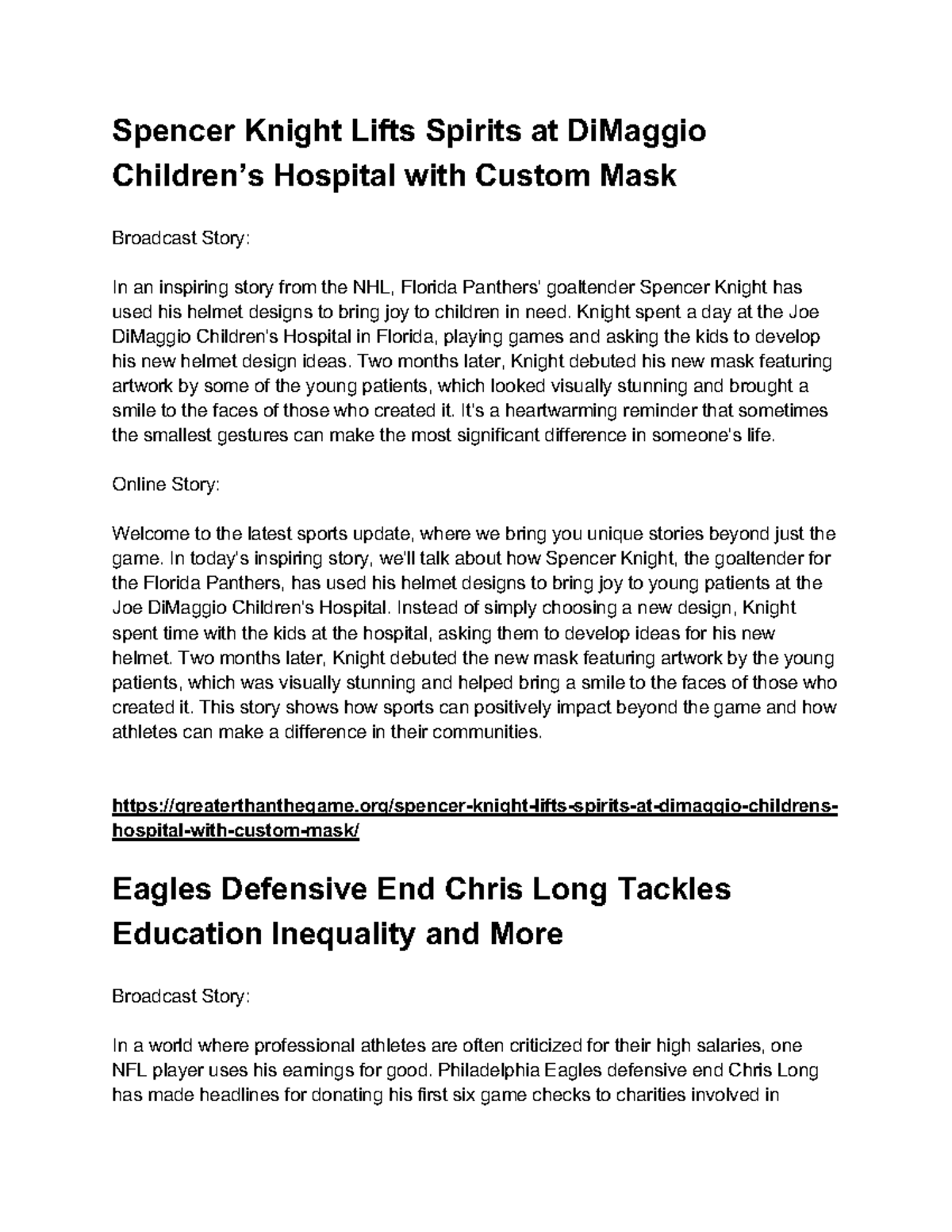 Case Study One Essay - Spencer Knight Lifts Spirits at DiMaggio ...