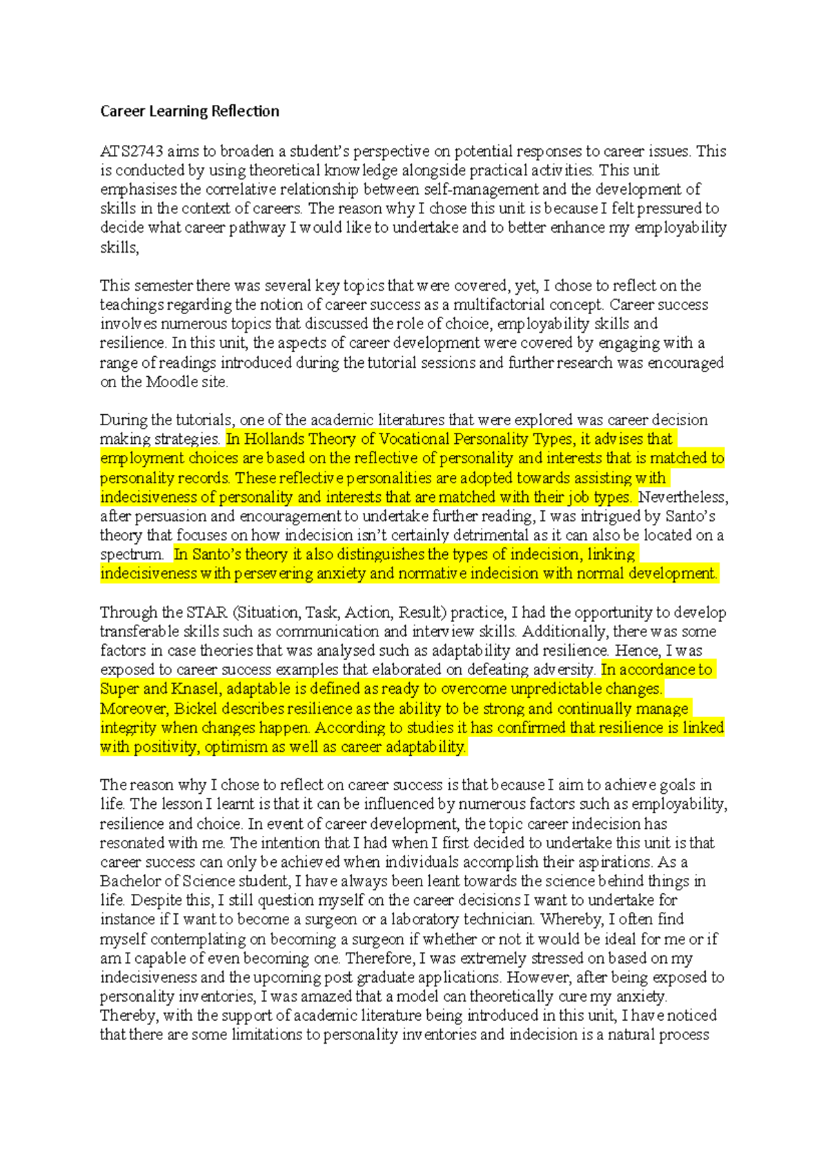 ATS career reflection - Career Learning Reflection ATS2743 aims to ...