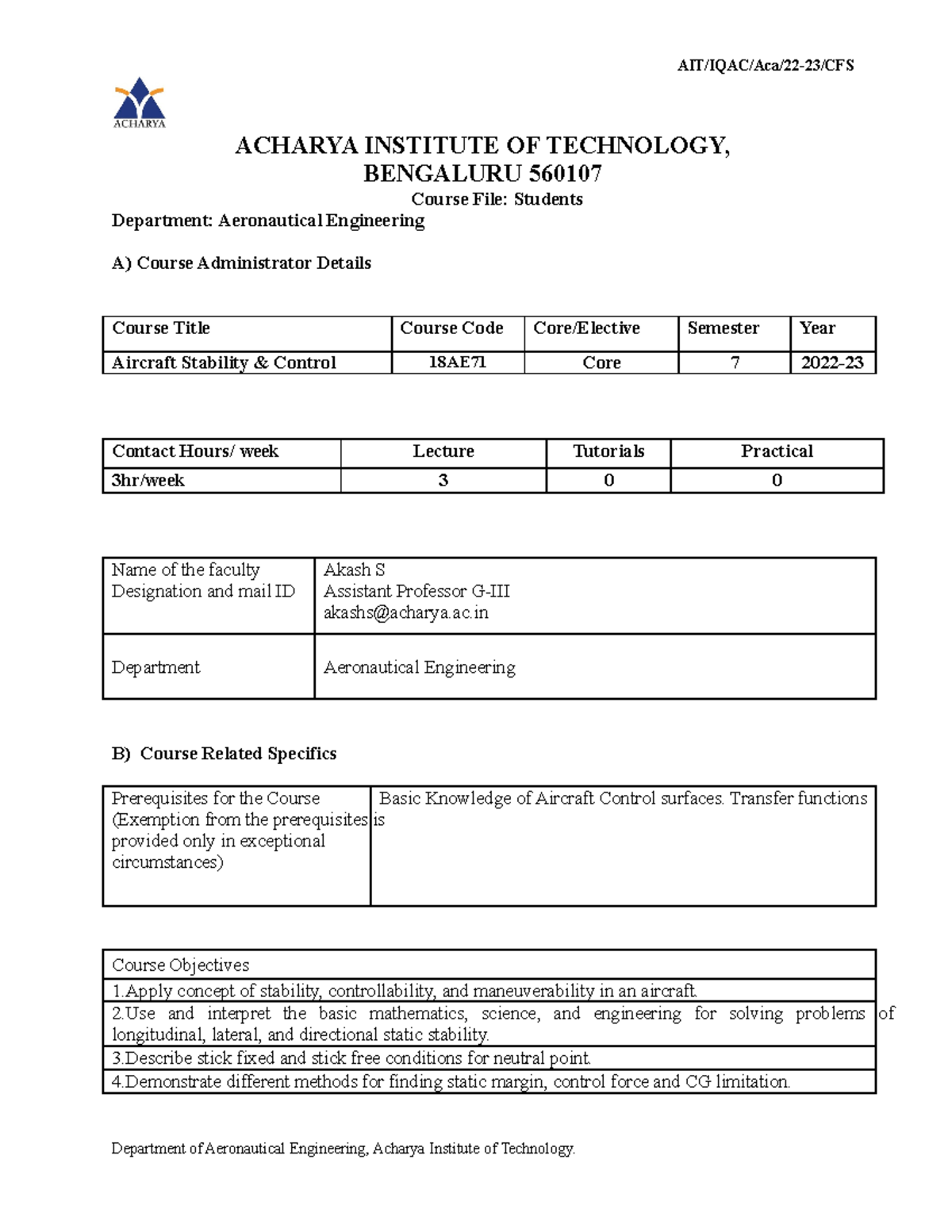 Course File Aircraft Stability and Control - ACHARYA INSTITUTE OF ...