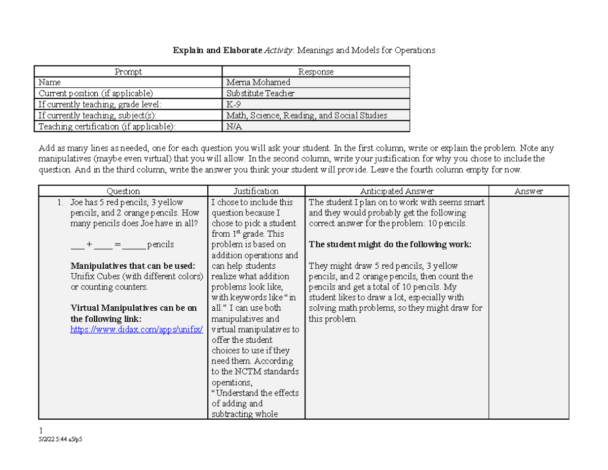 Explain and Elaborate Activity Meanings and Models for Operations ...