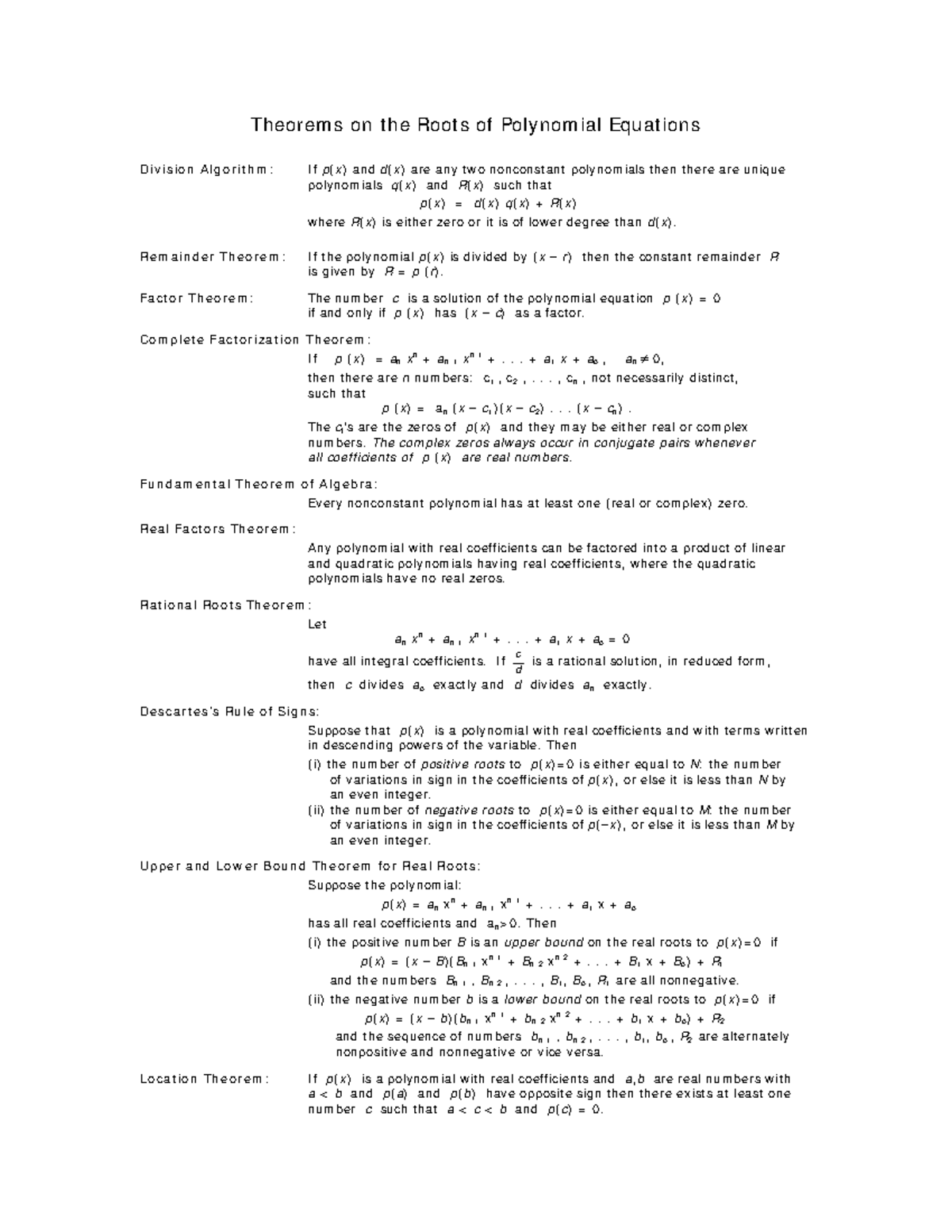 Poly Roots Thrms - poly - Theor em s on t he Root s of Poly nom ial ...