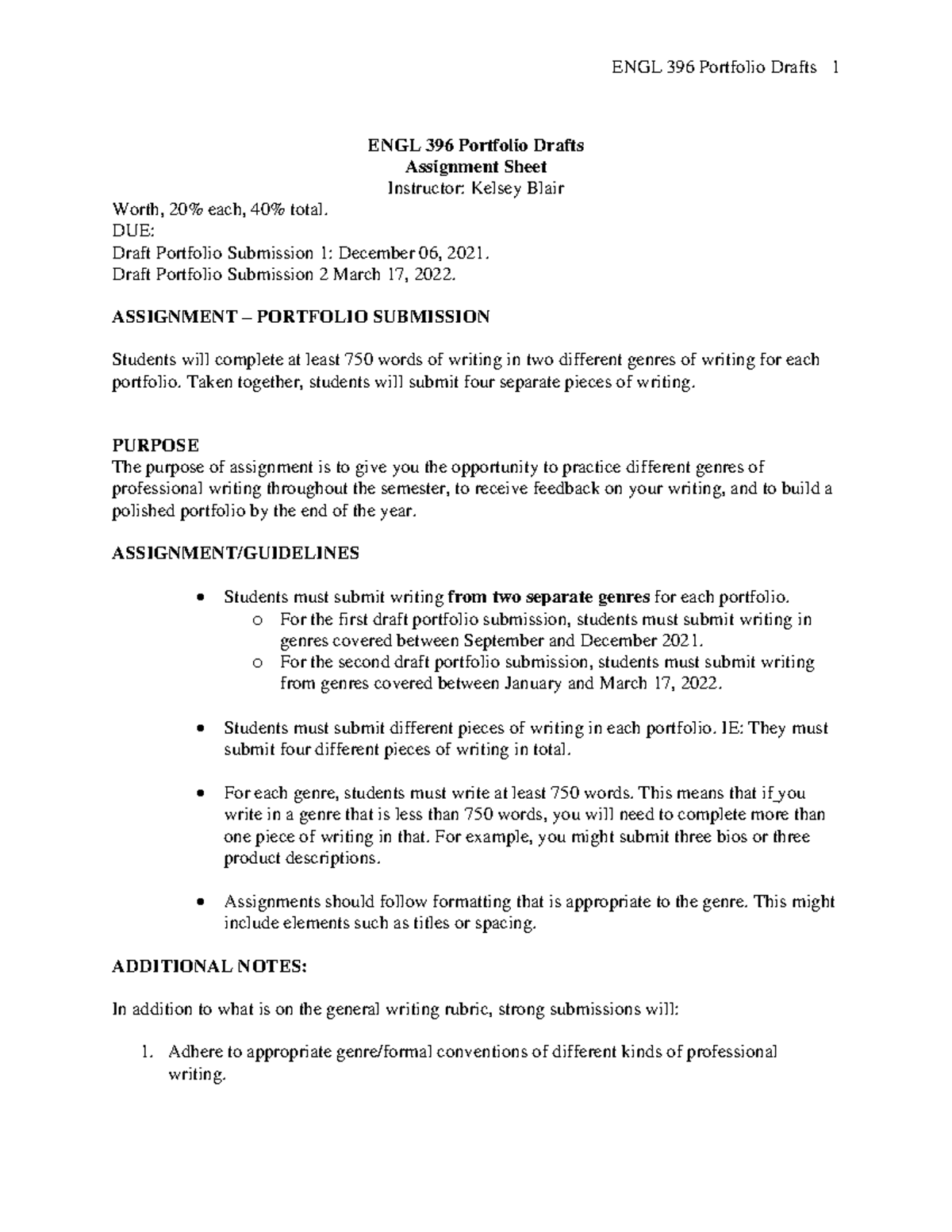 ENGL 396 Portfolio Assignment Sheet - ENGL 396 Portfolio Drafts 1 ENGL ...