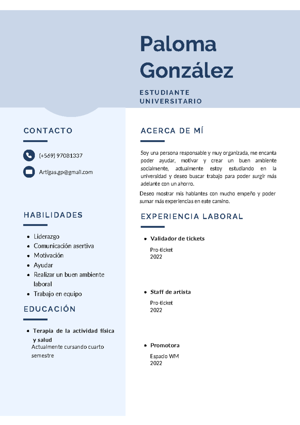 Currículum Vitae CV de Mujer Minimalista Azul - Paloma González E S T U D I A N T E U N I V E R ...