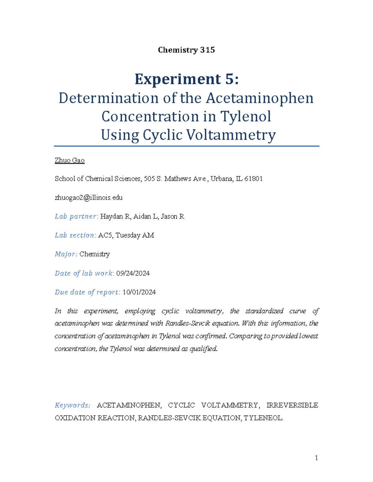 Lab report 5 2024 - Cyclic Voltammetry - Chemistry 315 Experiment 5 ...