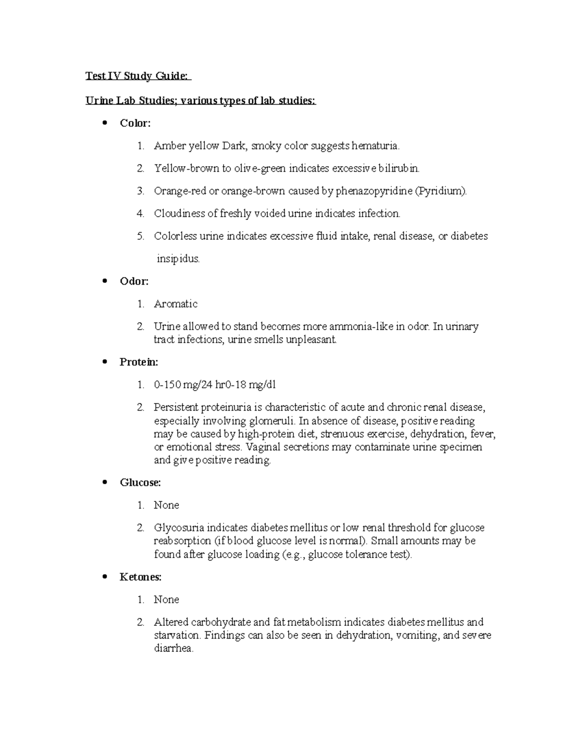 112 Unit 6 SG - Medsurg - Test IV Study Guide: Urine Lab Studies ...