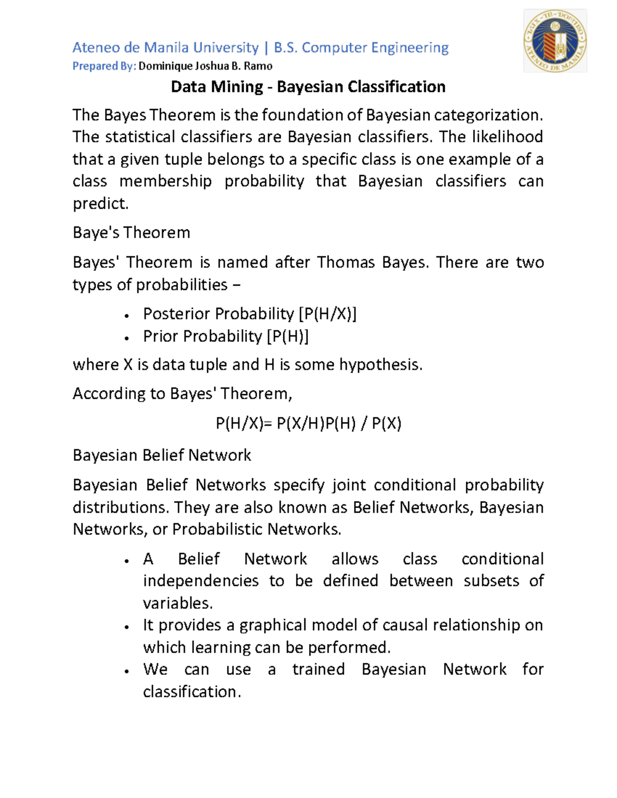 Study Guide - Data Mining - Bayesian Classification - Prepared By: Dominique Joshua B. Ramo Data ...