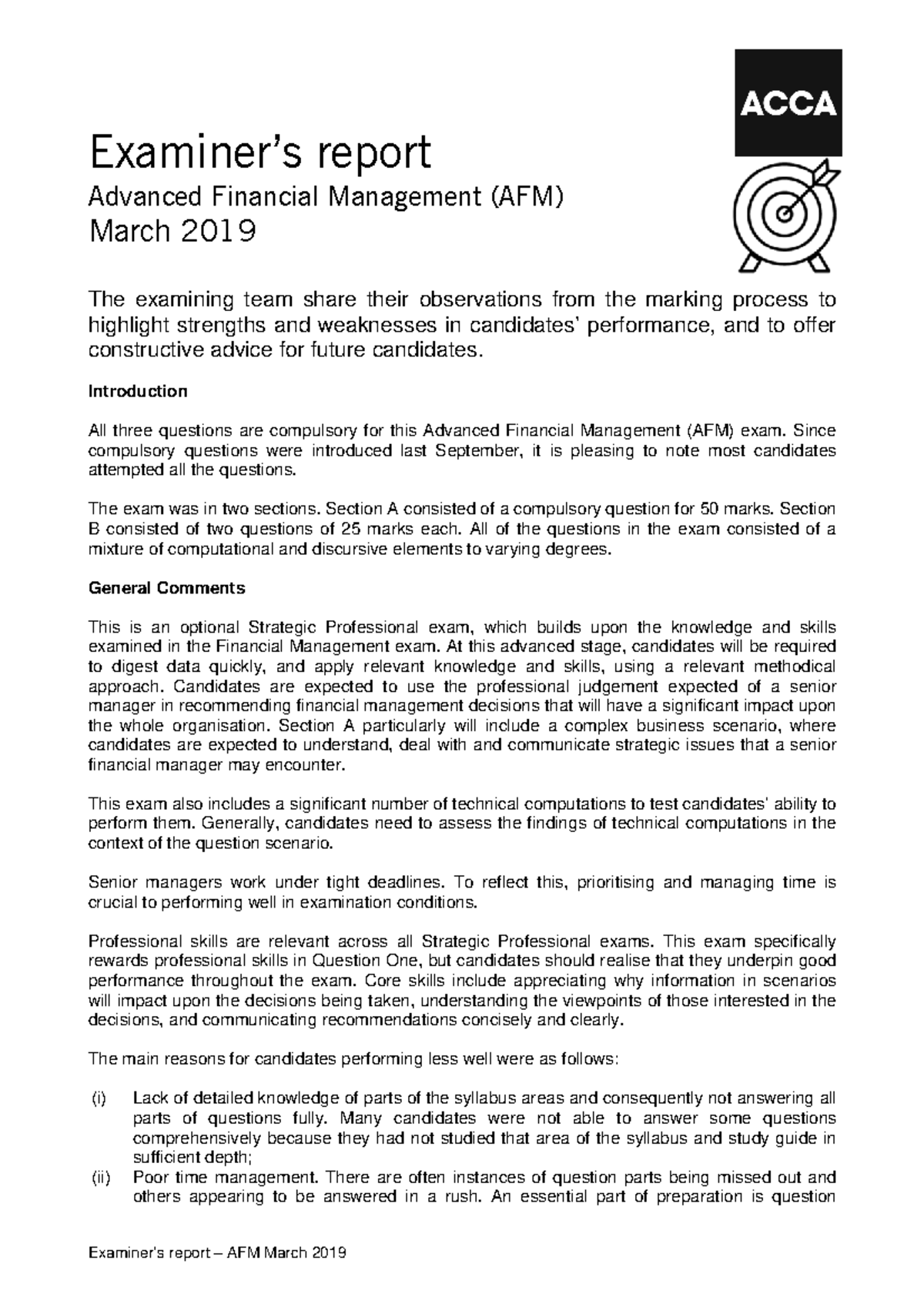 Afm-examreport-m19 - Lecture notes 1 - Examiner’s report Advanced ...
