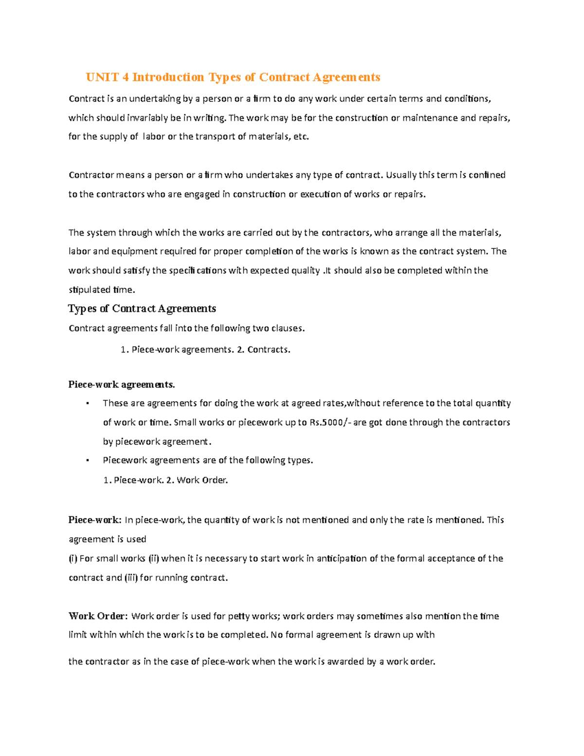 UNIT 4 Introduction Types of Contract Agreements - UNIT 4 Introduction ...