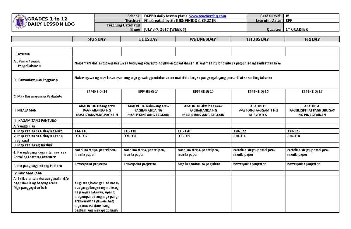 Grade 4 DLL EPP 4 Q1 Week 5 - GRADES 1 to 12 DAILY LESSON LOG School ...