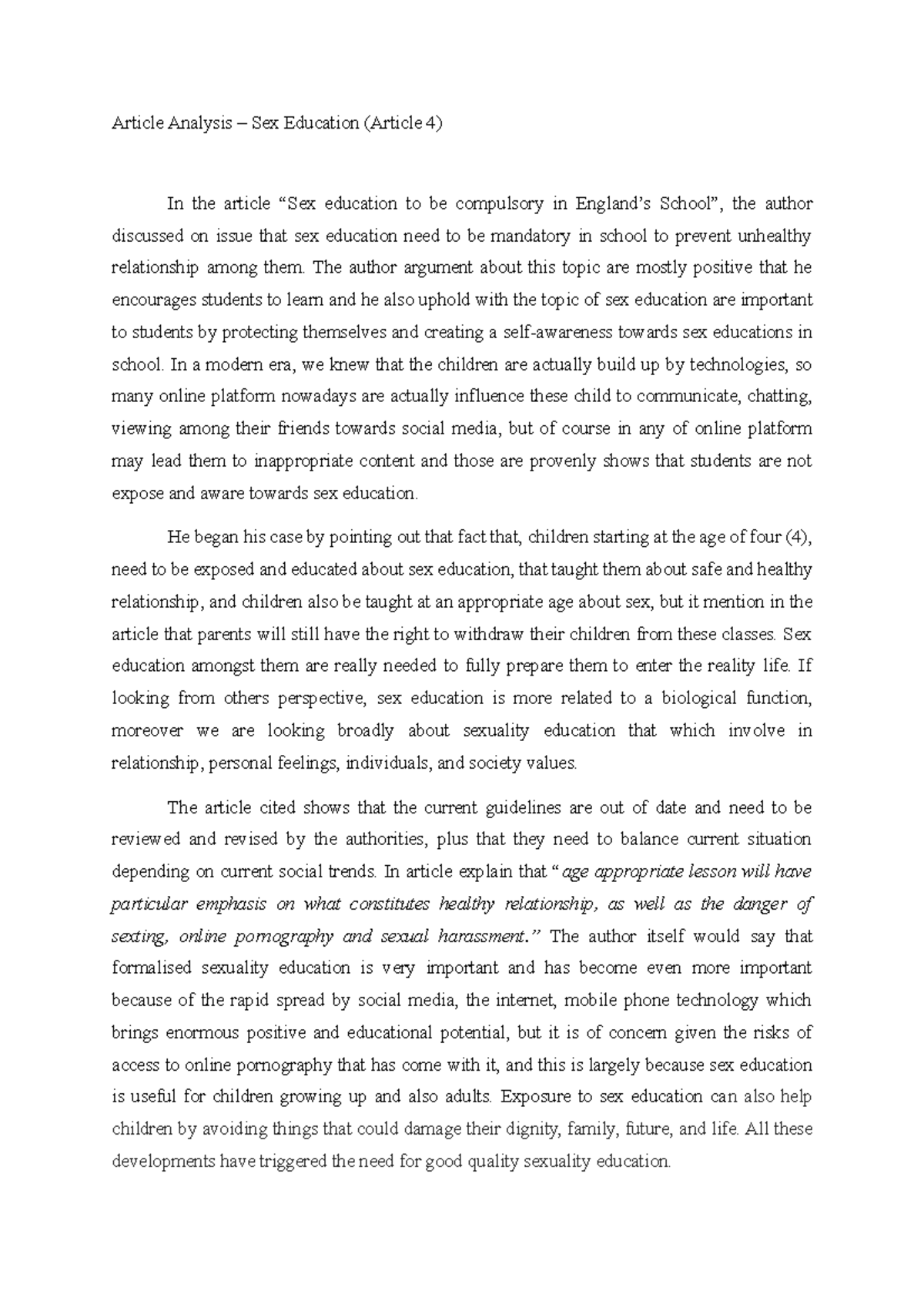 Article Analysis (ELC 501) - Article Analysis – Sex Education (Article ...