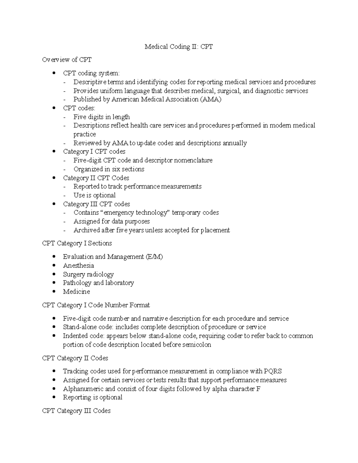 Medical Coding II CPT Notes Medical Coding II CPT Overview Of CPT