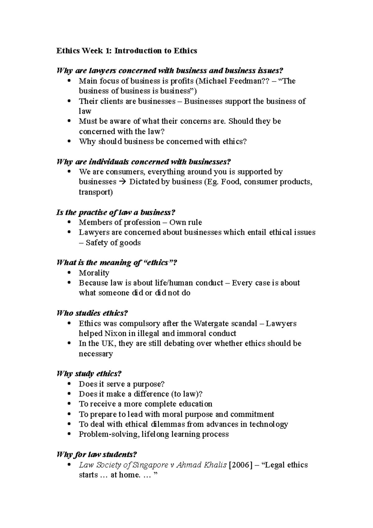 Ethics Class Notes (Compiled) - Ethics Week 1: Introduction to Ethics ...