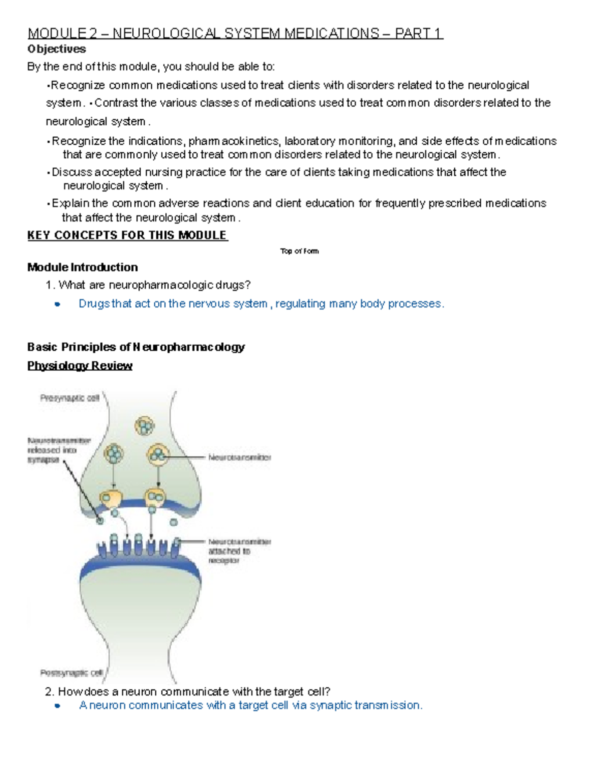 Module 02 Pharm prof - MODULE 2 – NEUROLOGICAL SYSTEM MEDICATIONS – PART 1 Objectives By the end ...
