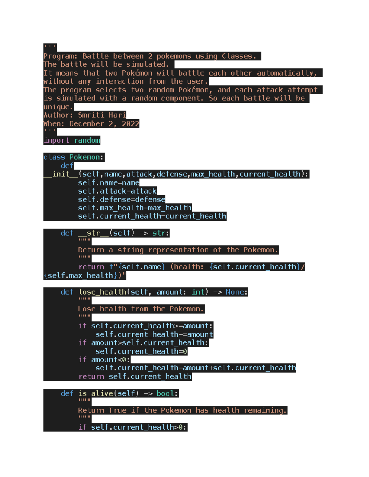 Pokemon Code PDF - ''' Program: Battle between 2 pokemons using Classes ...