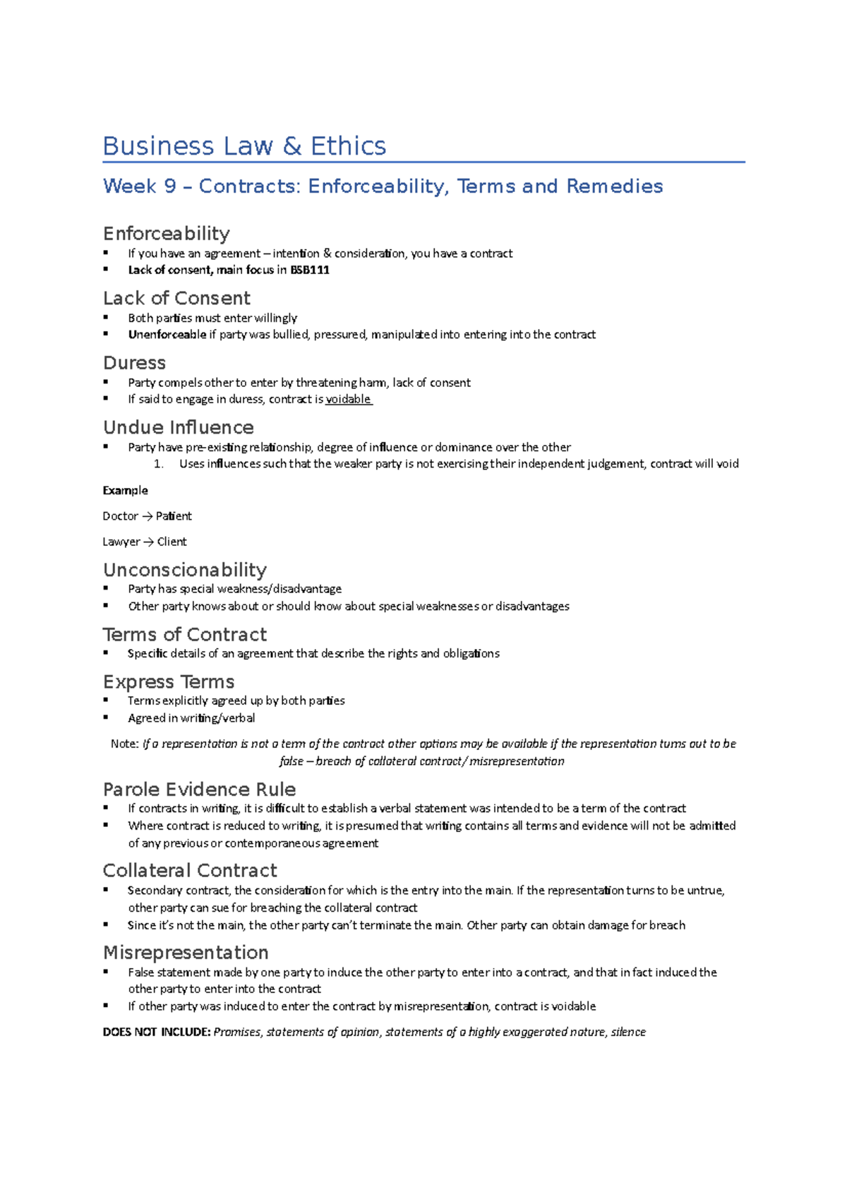 BSB111 Lecture Notes WEEK9 - Business Law & Ethics Week 9 – Contracts ...