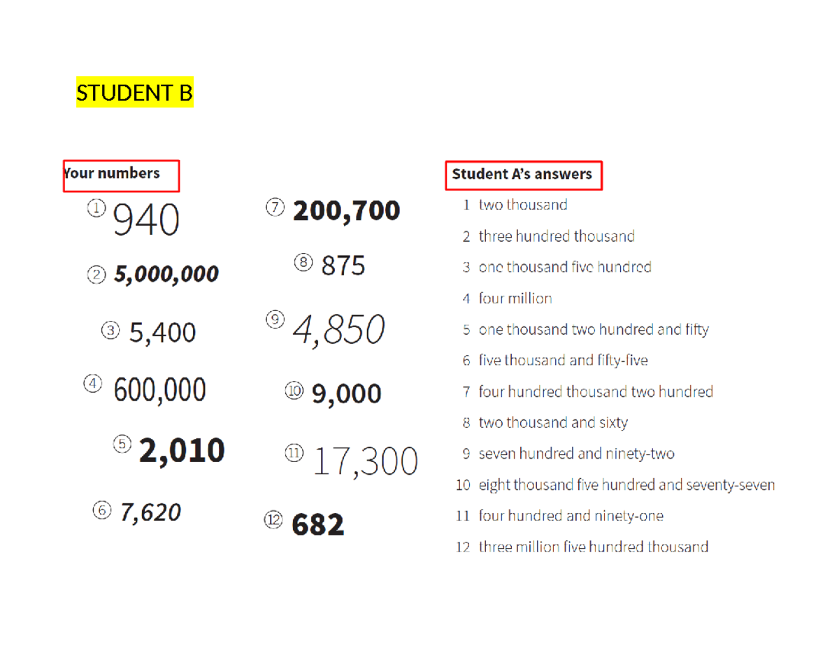 HIGH Numbers Student B - Ingles - Idiomas - STUDENT B - Studocu